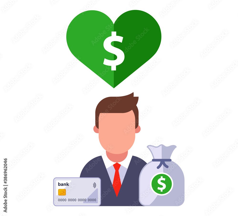 character icon with heart and dollar sign inside. love of money. flat ...