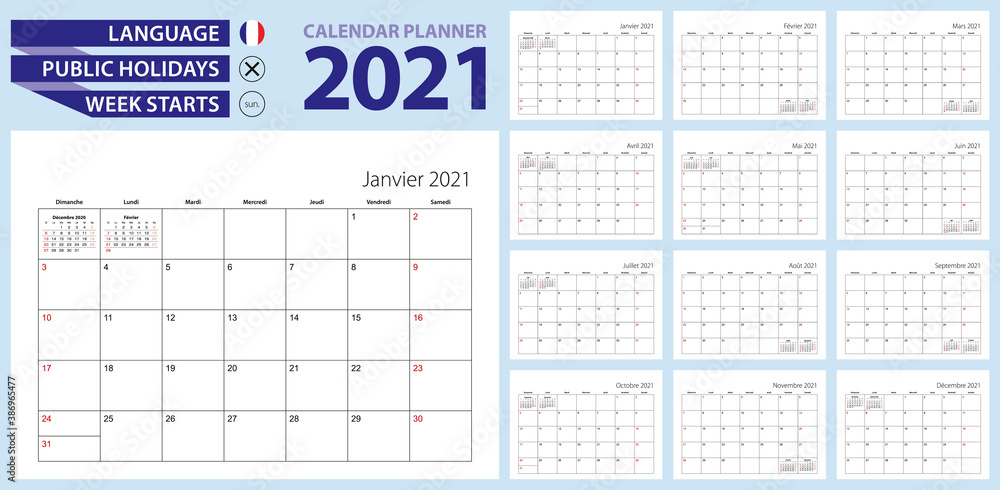 French calendar planner for 2021. French language, week starts from ...