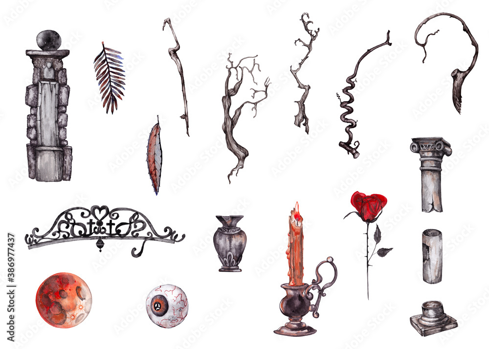 Big set of horror graphic isolated elements in gothic style. Spooky ...