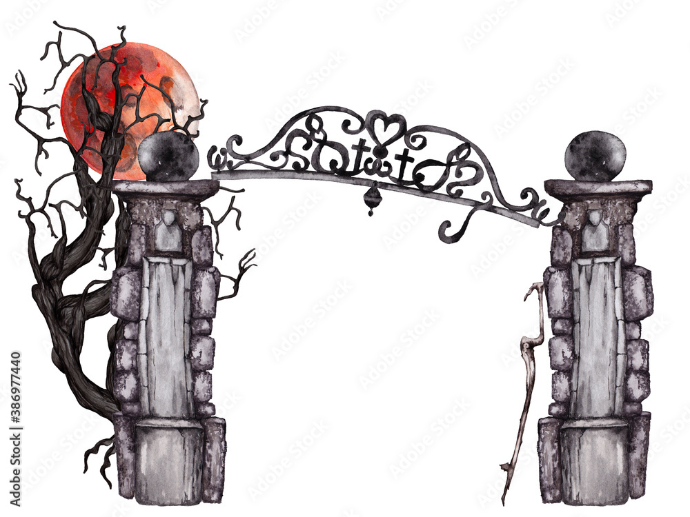 Mansion gates in gothic style. Horror frame of ruins, spooky trees and ...