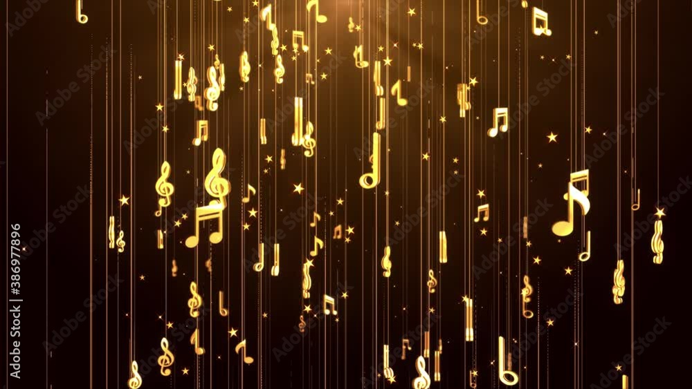 Musical note signs symbols moving through spiral helical path. Golden ...