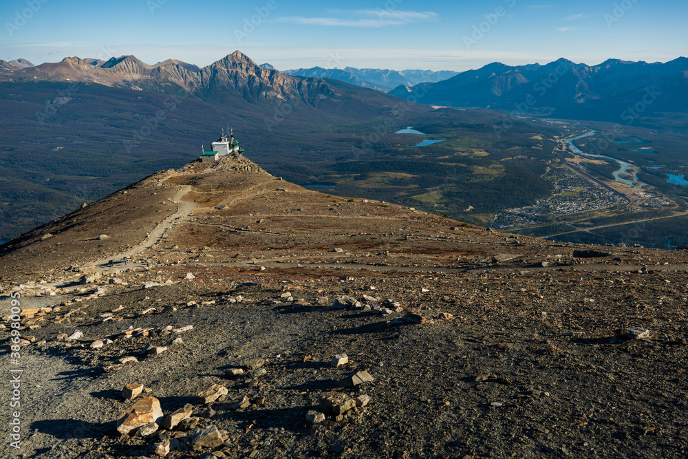 The building on the left is the Jasper Skytram with Jasper town in the ...