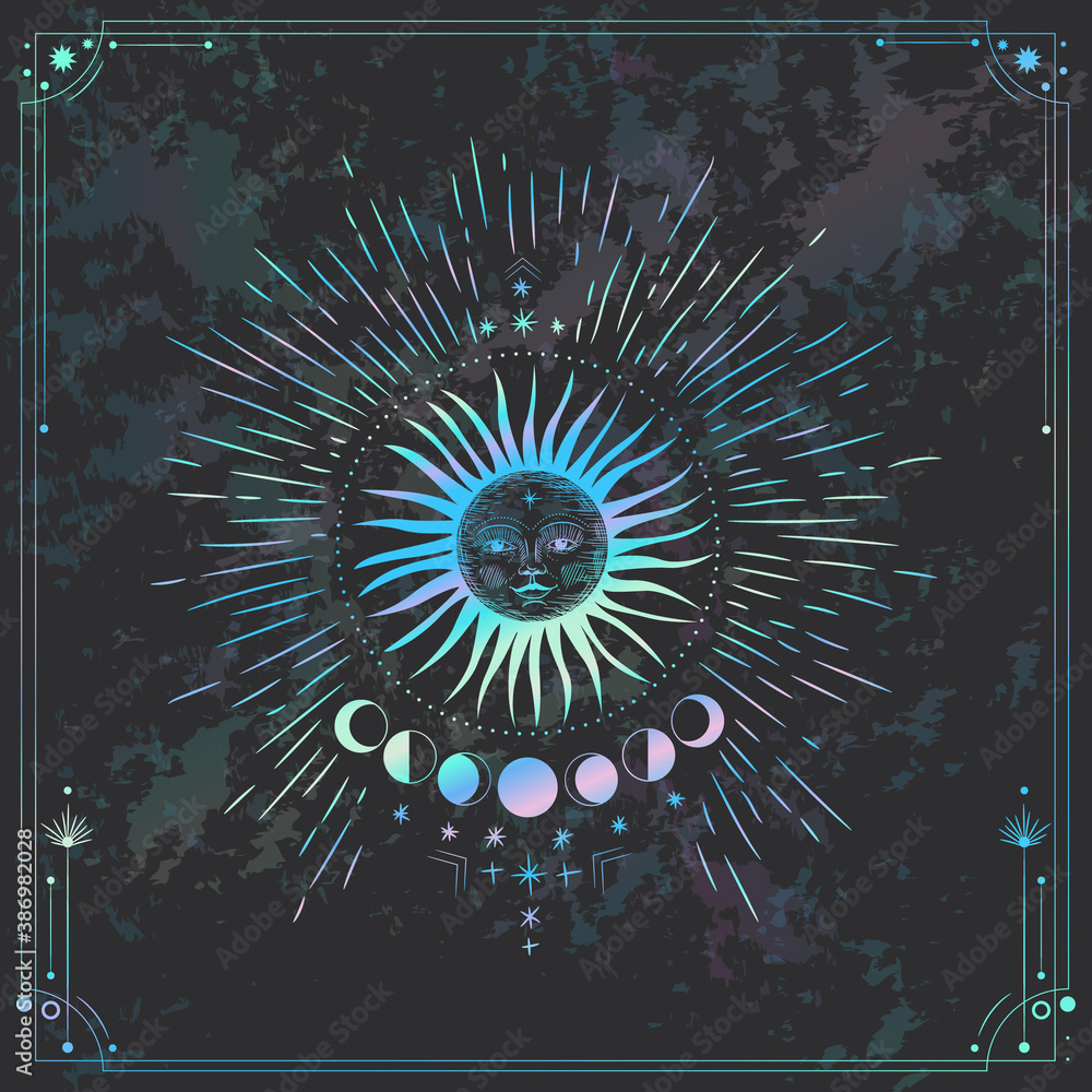 Vector illustration set of moon phases. New style, holographic ...