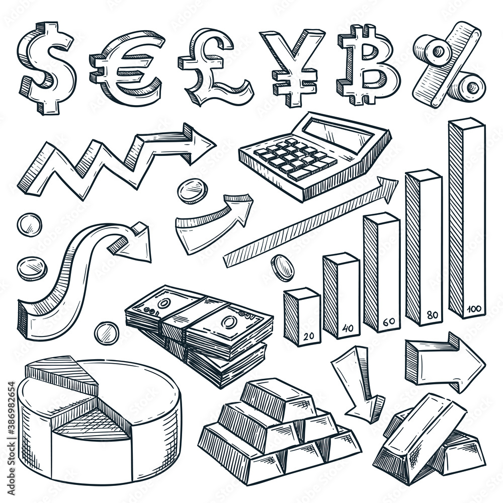 Currency, money, financial graph and diagram business icons. Investment ...