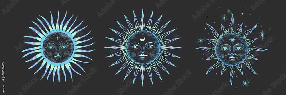 Vector illustration set of moon phases. New style, holographic ...