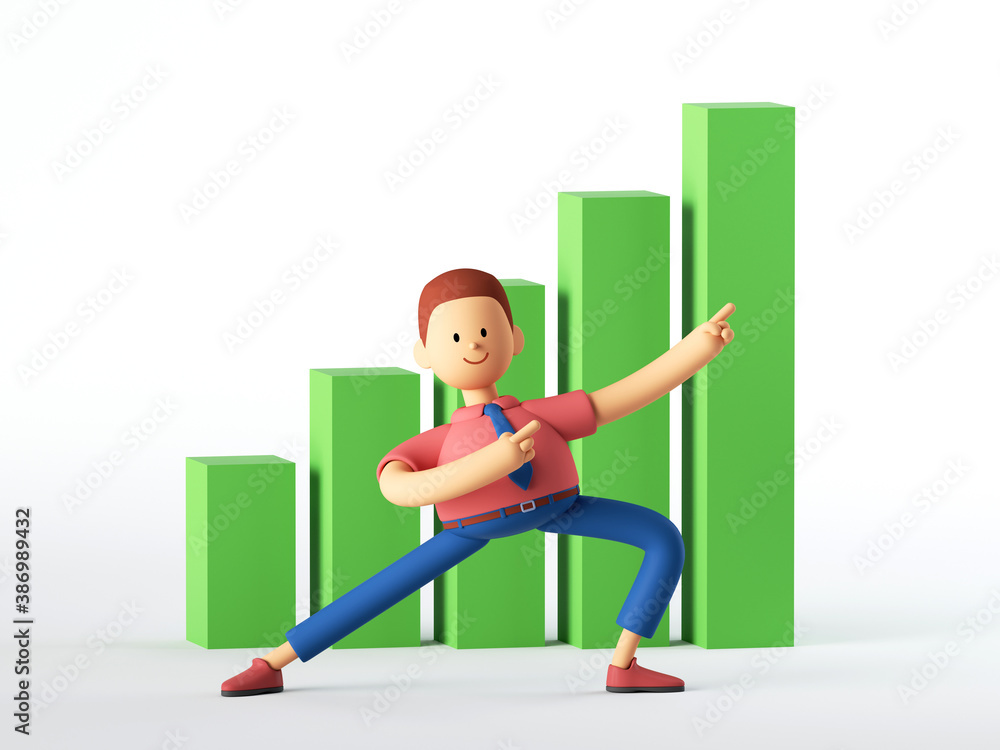 3d render. Man cartoon character with ascending green graph, growing ...