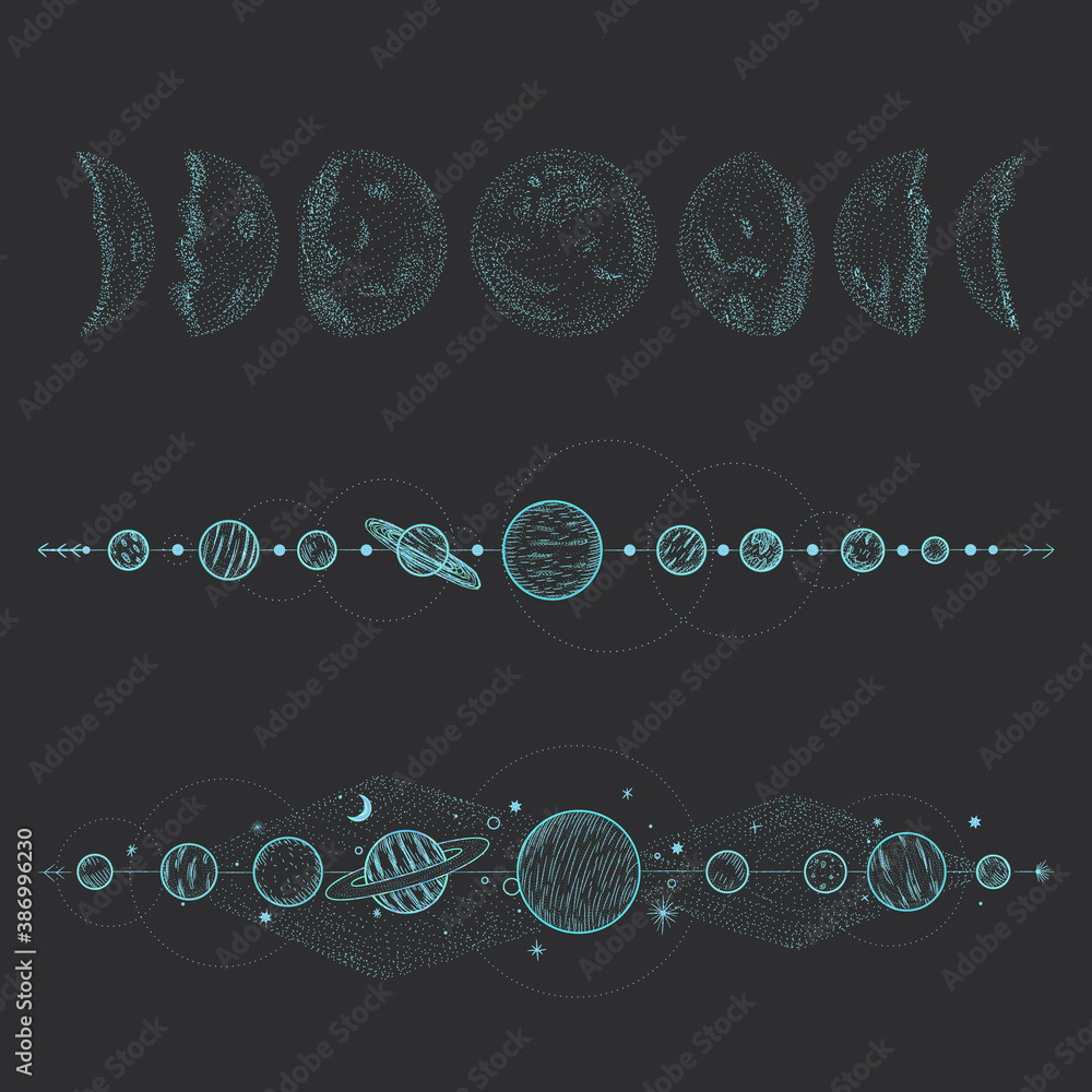 Vector illustration set of moon phases. New style, holographic ...