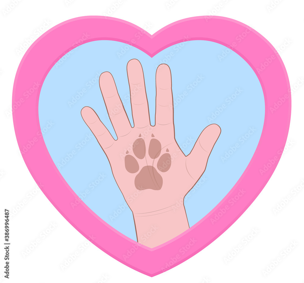 High five. Human hand with dogs paw print in a pink heart shaped logo ...