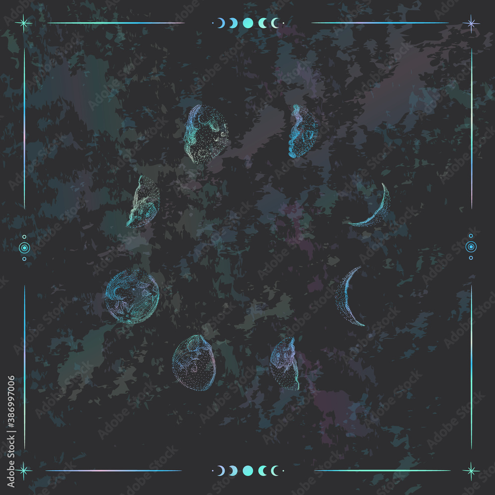 Vector illustration set of moon phases. New style, holographic ...