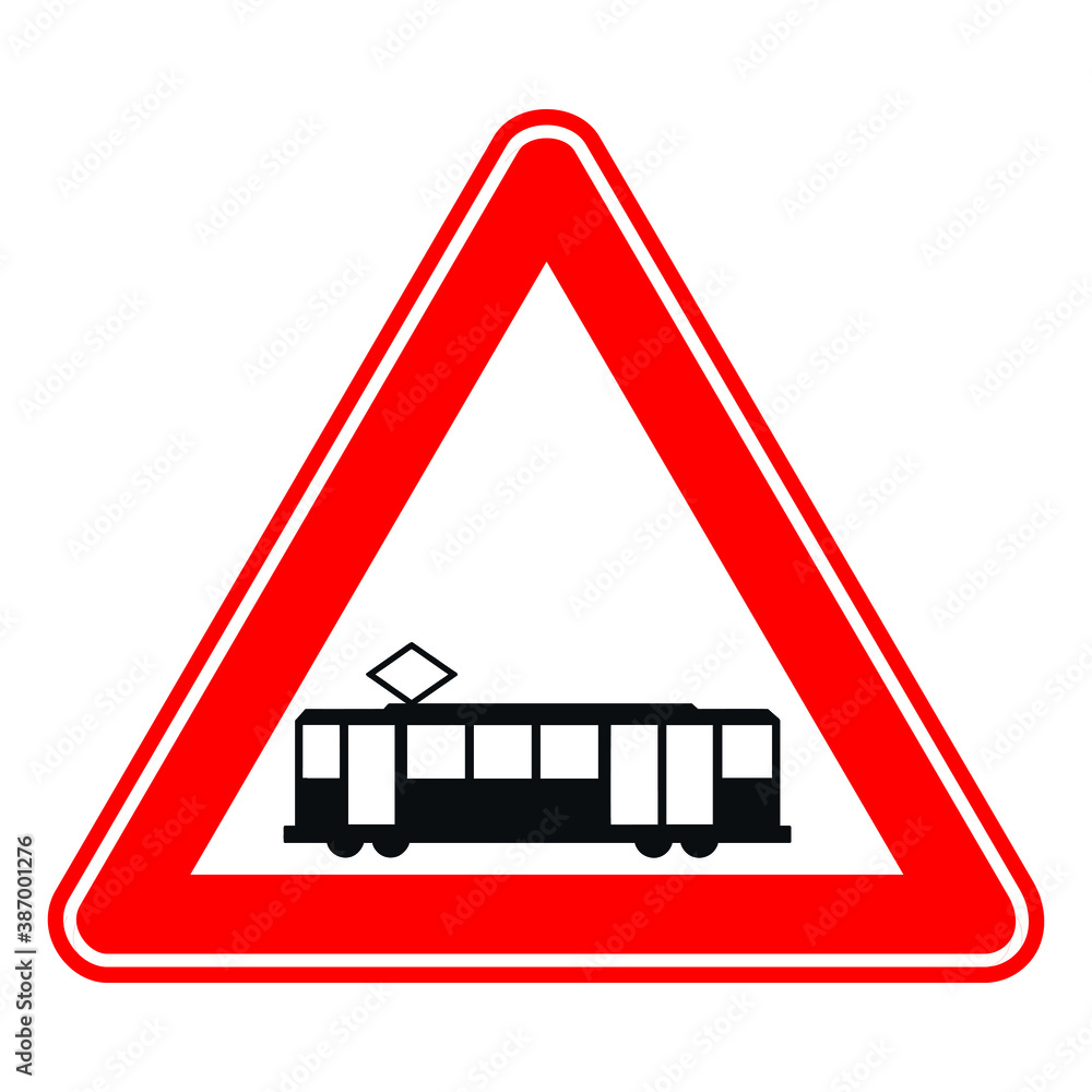 Traffic, road sign. intersection with tram line. junction sign formed ...