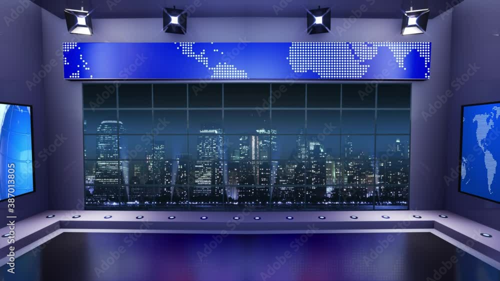 3d virtual news studio. Announcer Table with night city background and ...