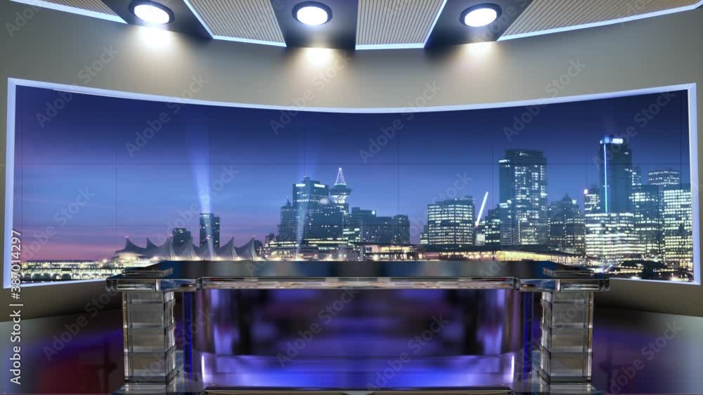 3d virtual news studio. Announcer Table with night city background and ...