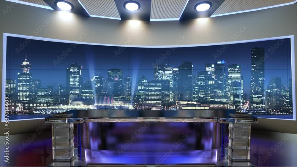 3d virtual news studio. Announcer Table with night city background and ...