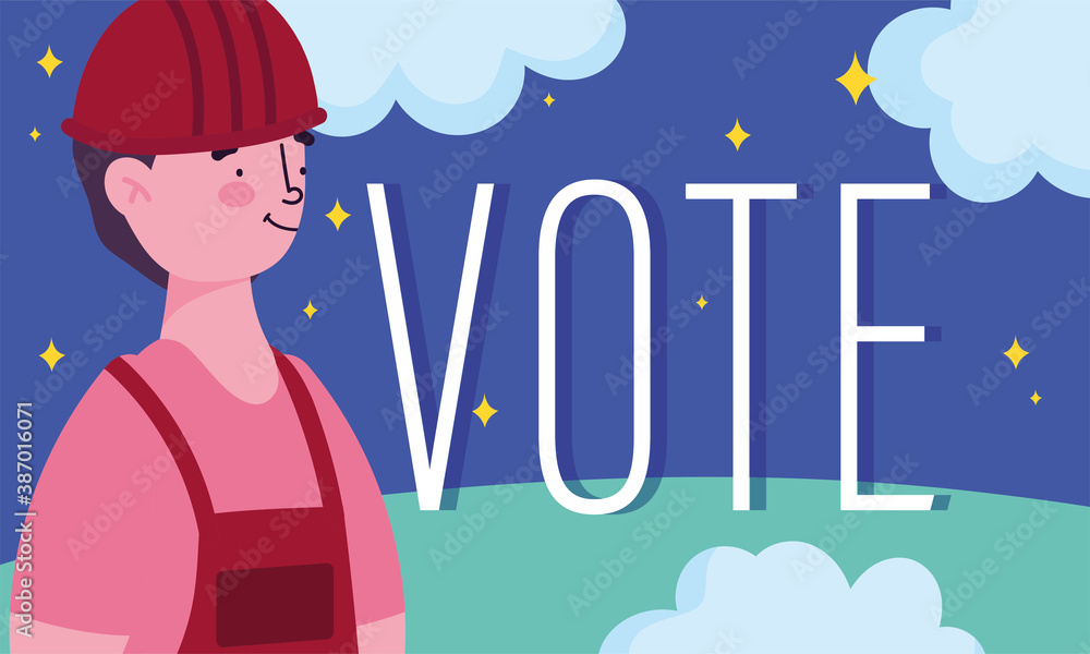 voting and election concept, cartoon man worker with vote word Stock ...