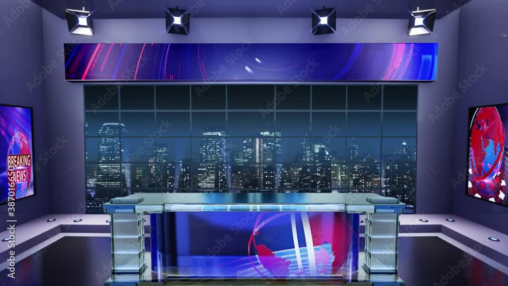 3d virtual news studio. Announcer Table with night city background and ...