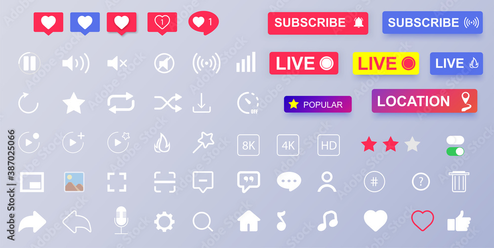 Set of media icons. Interface buttons. Like heart user favorite option ...