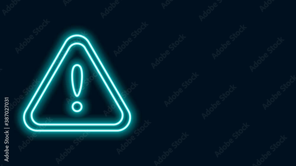 Glowing neon line Exclamation mark in triangle icon isolated on black ...