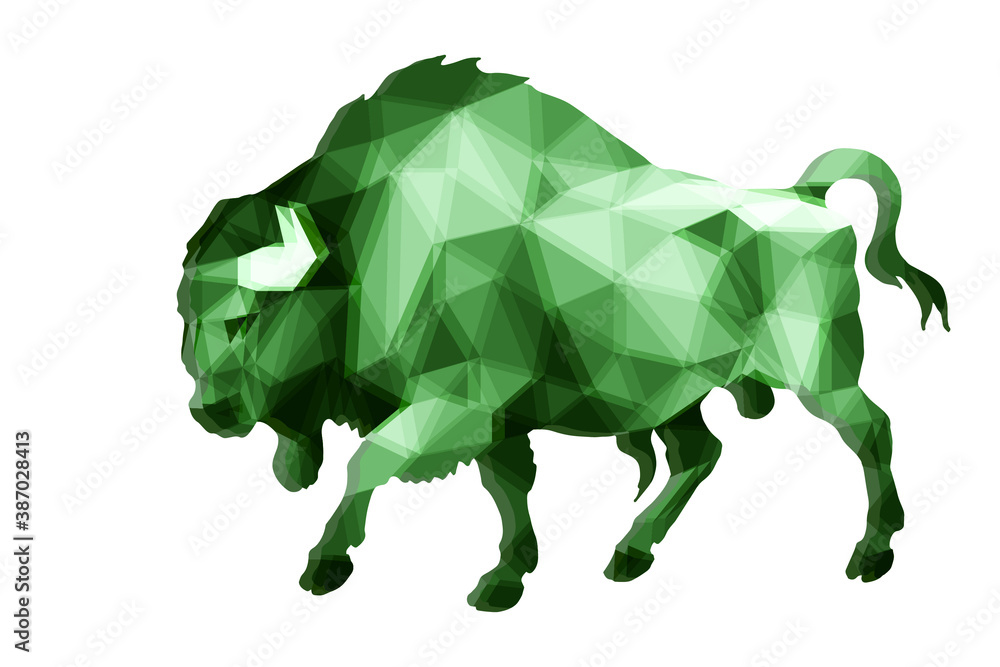 bison, bull, isolated monochrome emerald image on a white background in ...