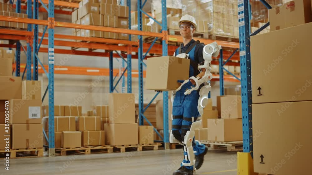 High-Tech Futuristic Warehouse: Worker Wearing Advanced Full Body ...