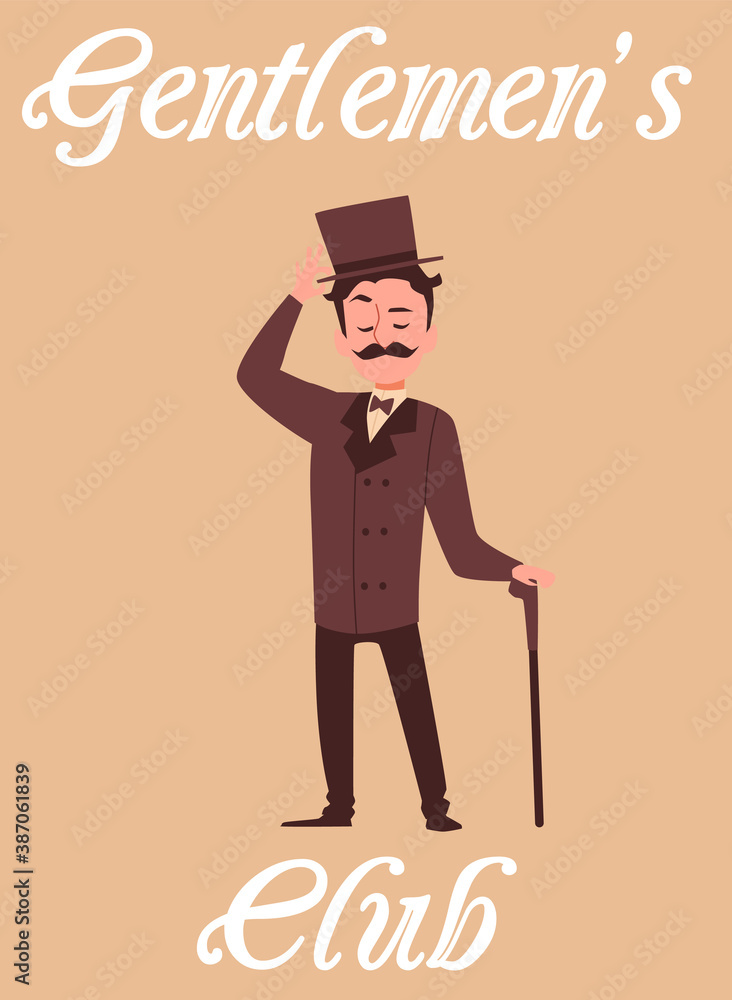 Gentlemen club poster and victorian gentleman, flat cartoon vector ...