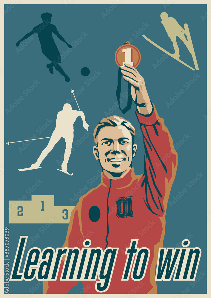 Learning to win! Retro Sport Propaganda Style Poster, Athlete, Golden ...