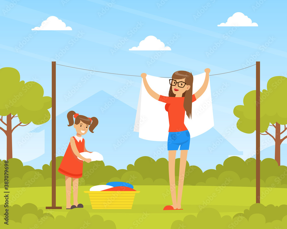 Mother and Daughter Hanging Wet Clothes out to Dry on Backyard Cartoon ...