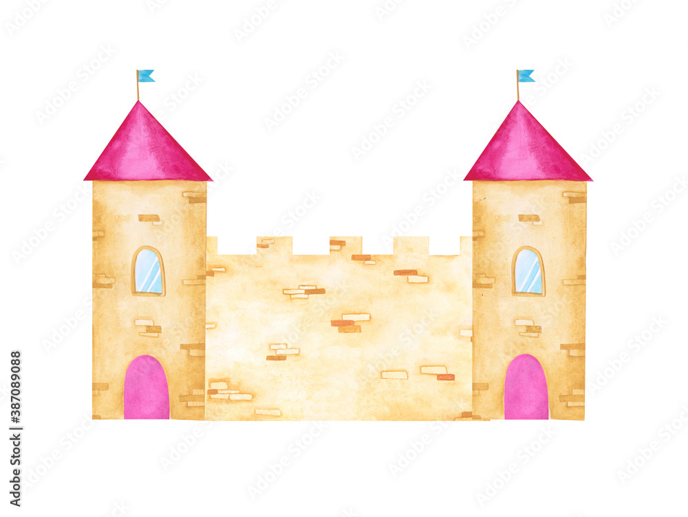 ภาพประกอบสต็อก Watercolor castle with pink roof towers on a white ...