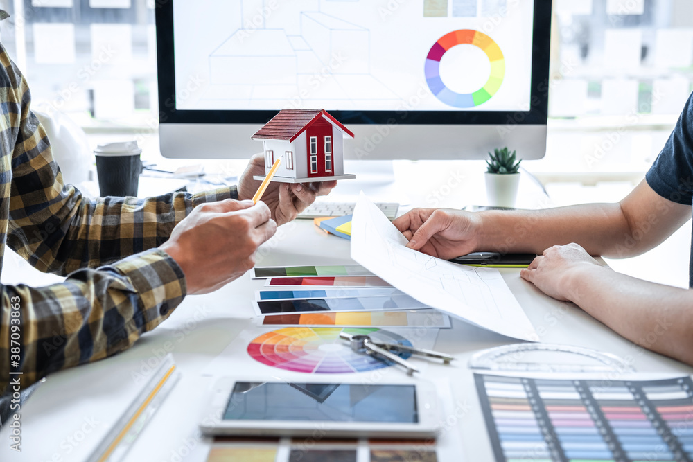 Team design of young Interior graphic designer working house project ...