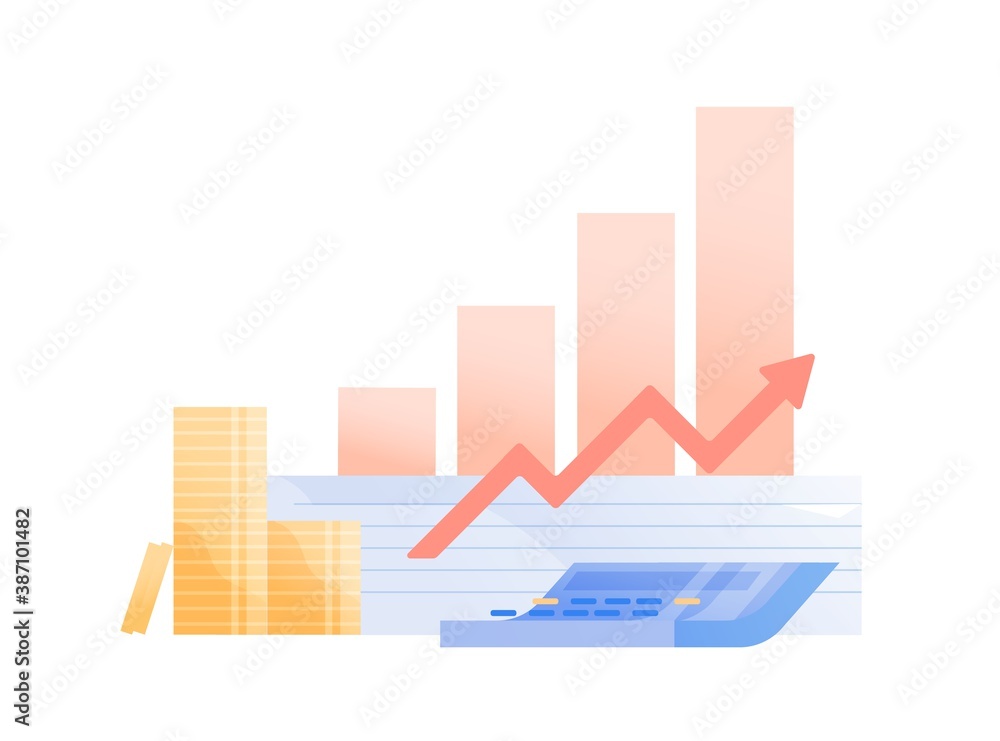 Concept of money profit, investment growth. Histogram shows growing ...