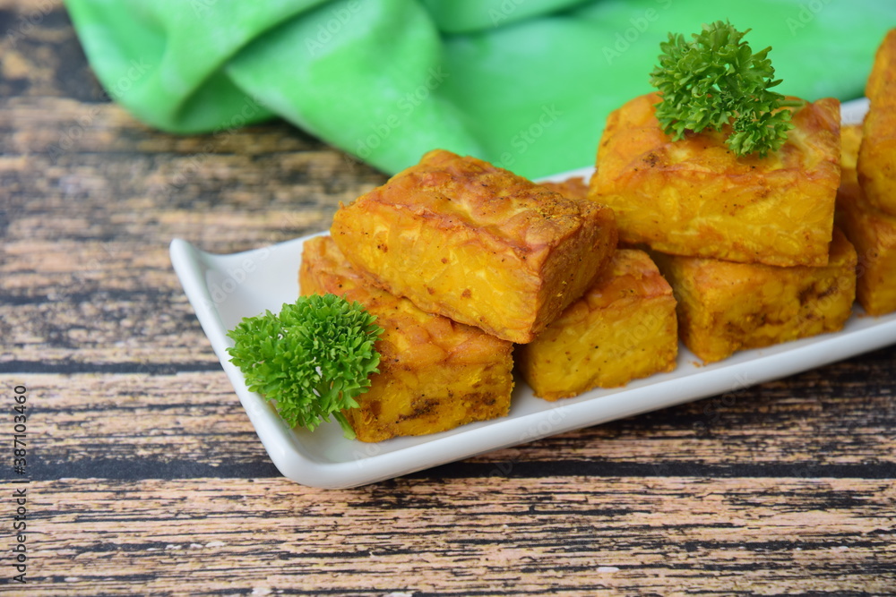 Fried tempeh. Made by a natural culturing and controlled fermentation ...
