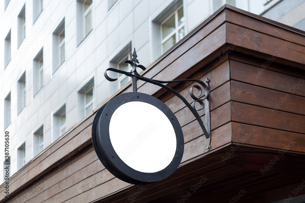 Blank minimal circular shop signboard mockup for design. Street hanging ...