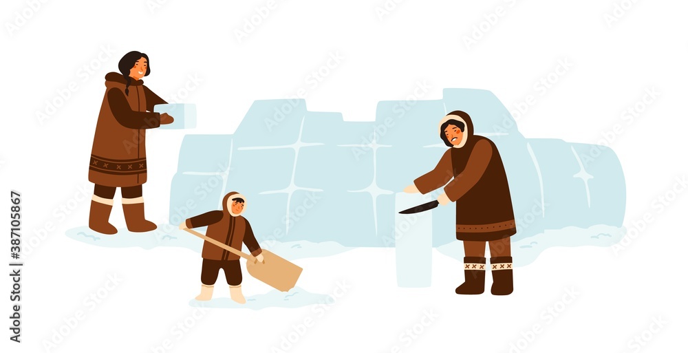 Eskimo traditional family constructing igloo with ice cubes together ...