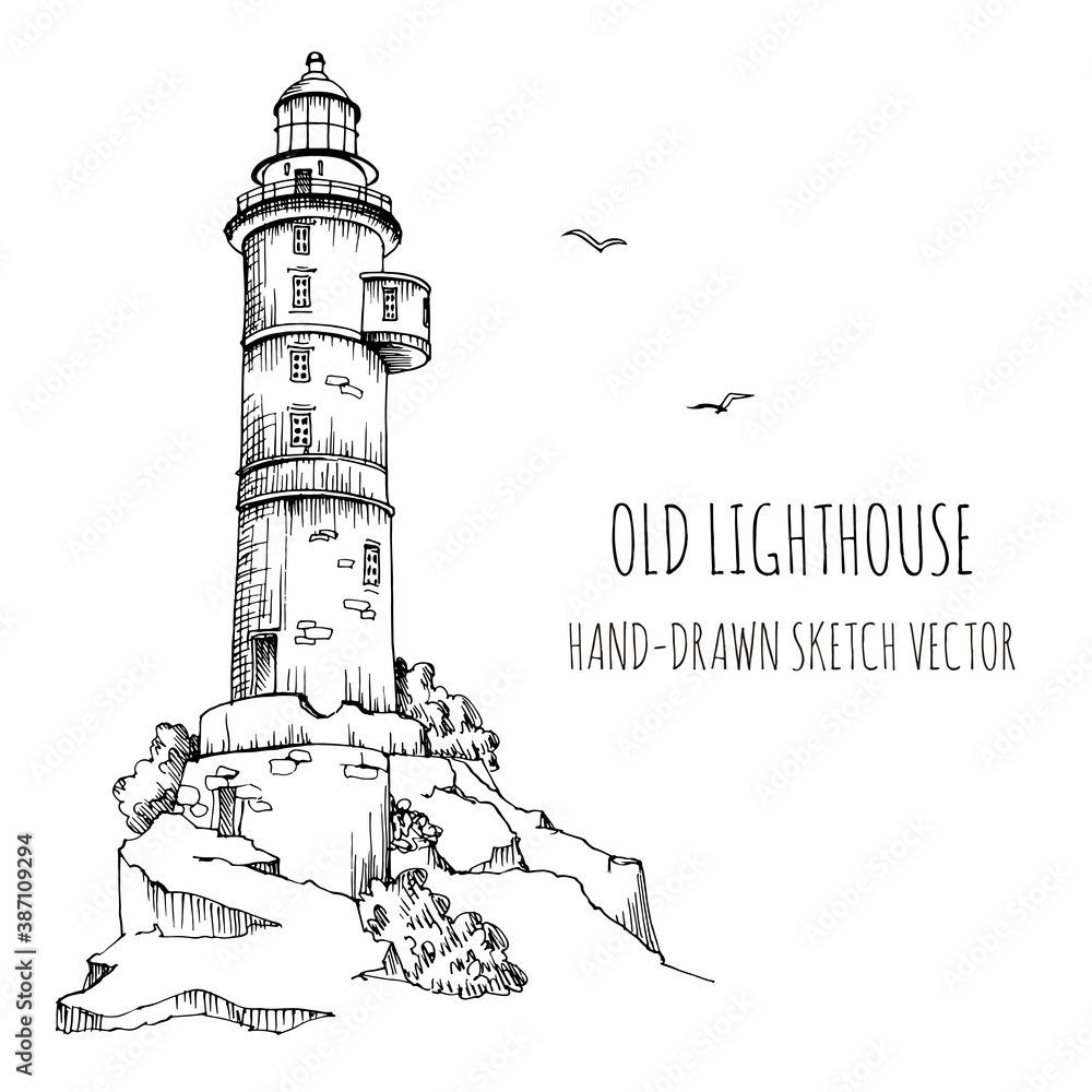 Lighthouse. Hand drawn sketch vector. Ancient architecture Stock Vector ...