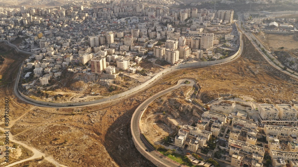 Israel and Palestine divided by Security wall Aerial view Aerial view ...