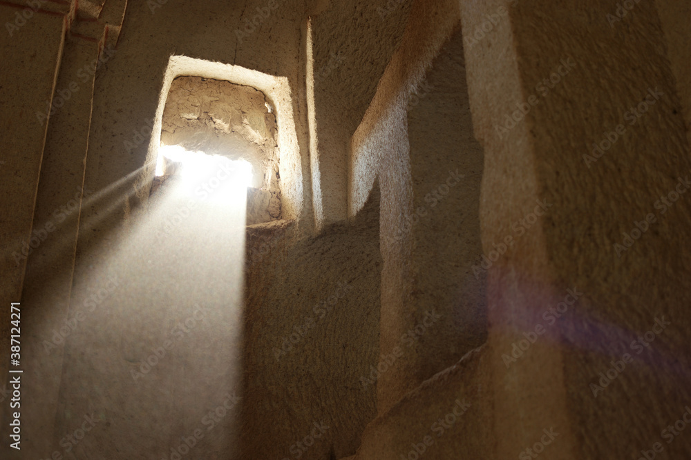 Close up interior of cave house at Cappadocia. Sun shining through ...