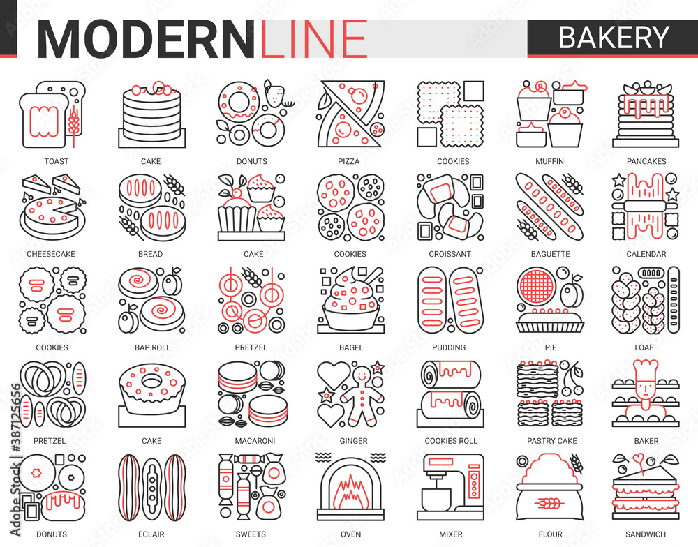 Bakery red black concept complex line icons vector set. Sweet food ...
