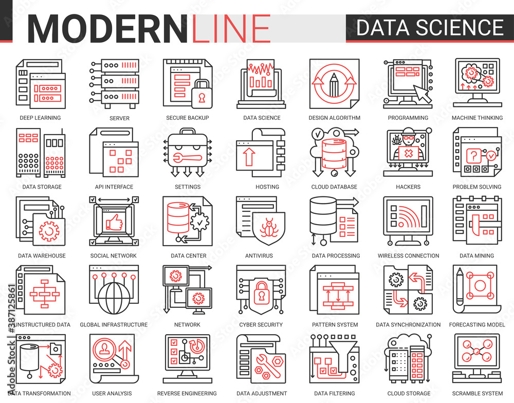Data science complex thin red black line concept icon vector set with ...
