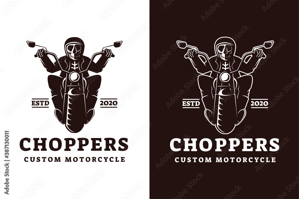 Chopper biker with skeleton skull rider and custom motorcycle logo ...