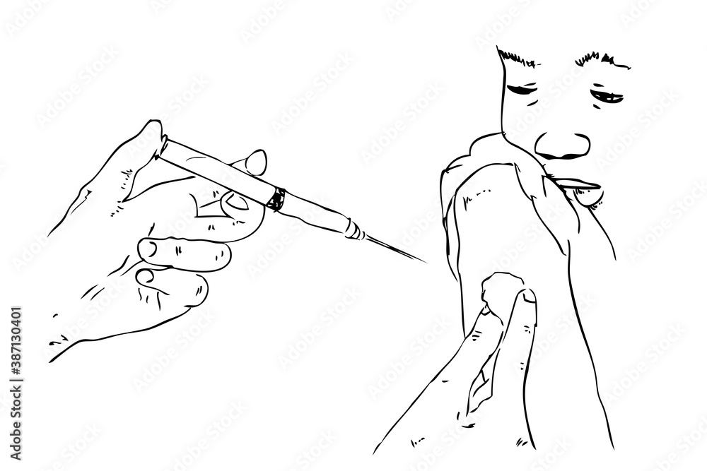 Vector Manual Outline Hand Draw Sketch, The child is injected by doctor ...