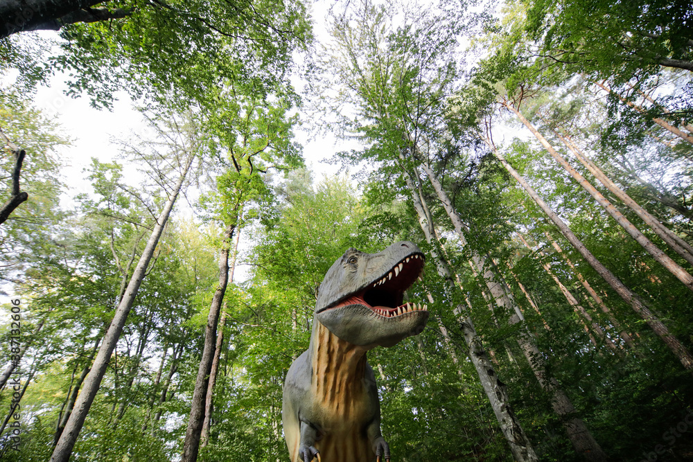 Tyrannosaurus rex model at an outdoors dino park in Romania. Stock ...