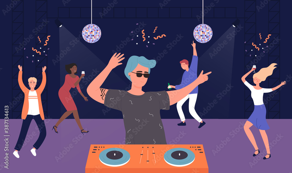 Night club musical party vector illustration. Cartoon friends people ...