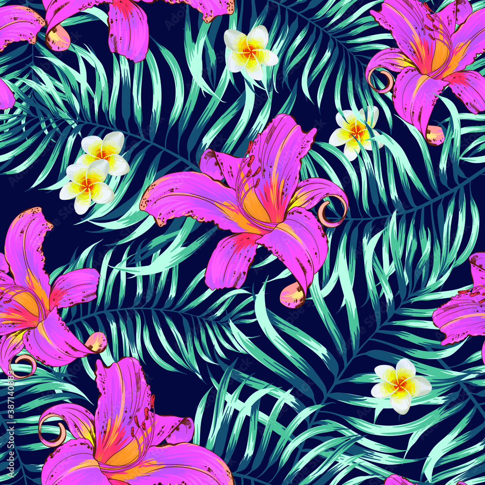 Tropical seamless floral pattern. Pattern with palm leaves. Seamless ...
