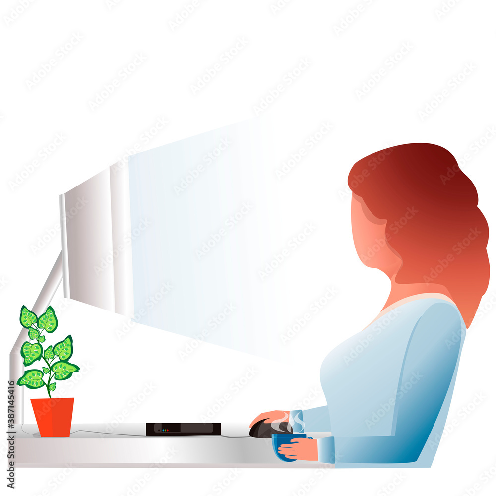 The character spends time at the computer. Computer learning concept at ...