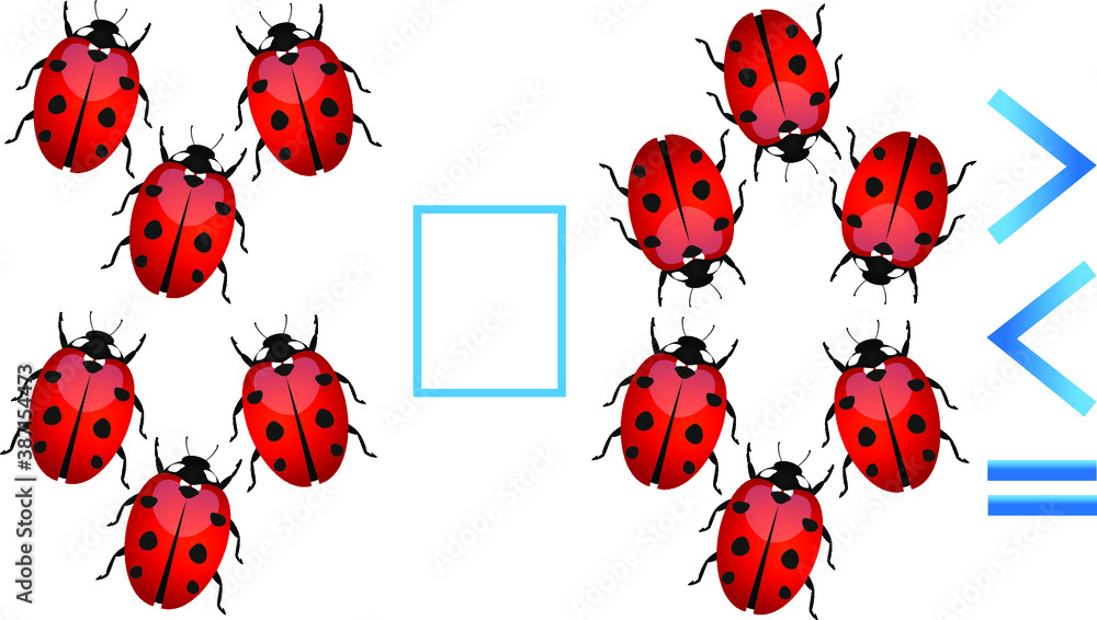 Educational game for children, comparison of the number of ladybirds ...