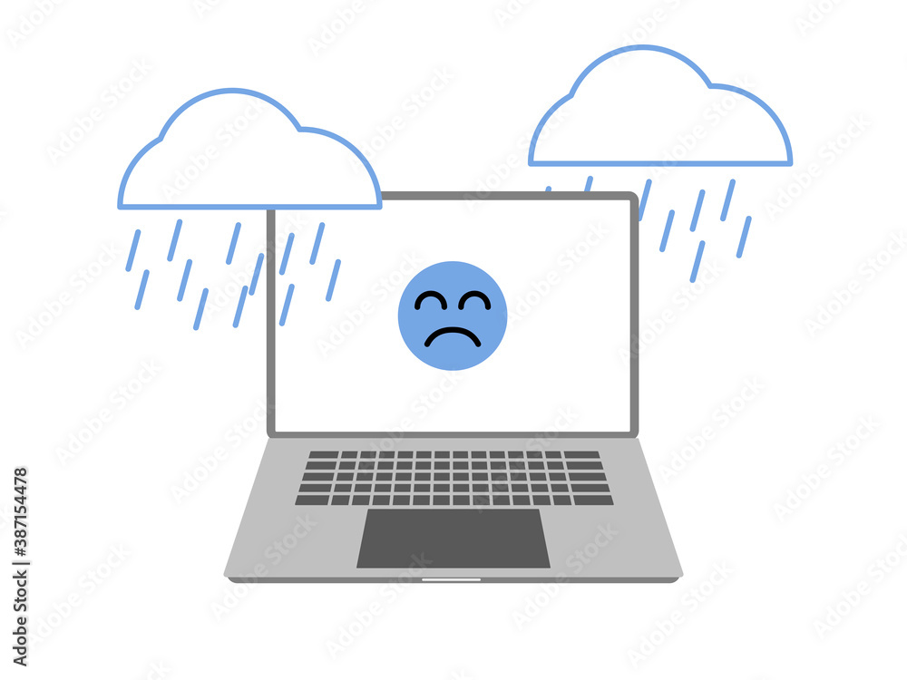 Sad computer illustration concept. Unhappy emoji on a screen of an open ...