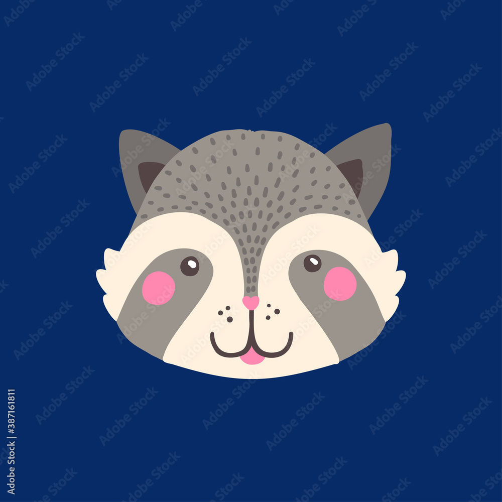 Raccoon face. Cute animal. Kids cartoon style Suitable as placeholder ...