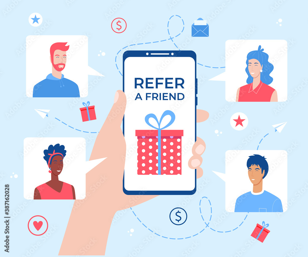 Refer a friend concept. Smartphone with gift box in hand. Stock Vector ...