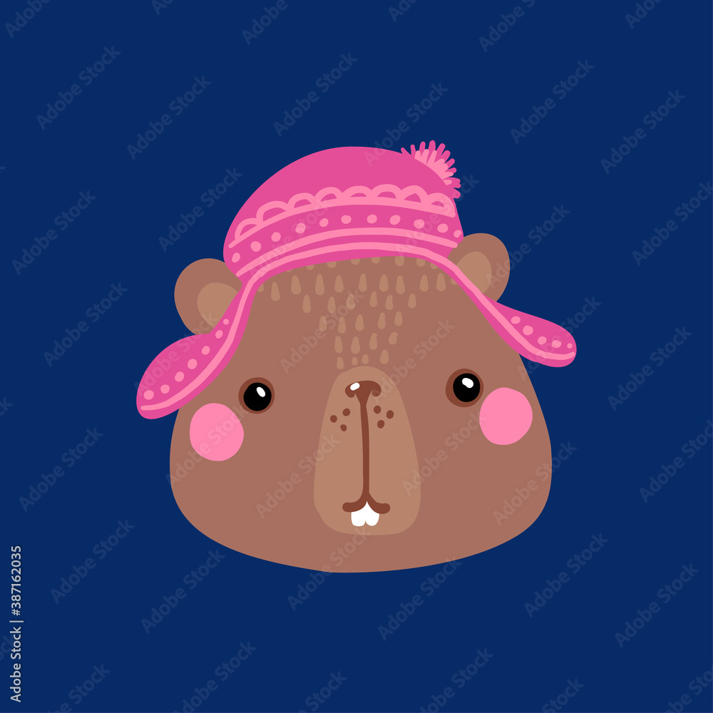 The face of a bear in a winter hat. Cute animal beaver. Kids cartoon ...