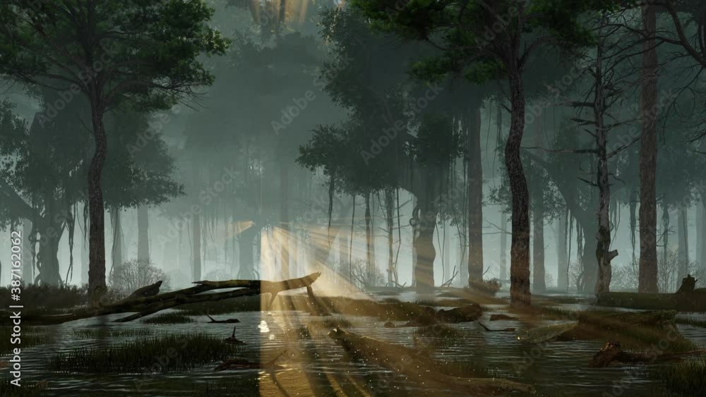 Spooky forest swamp with supernatural magical firefly lights soaring in ...