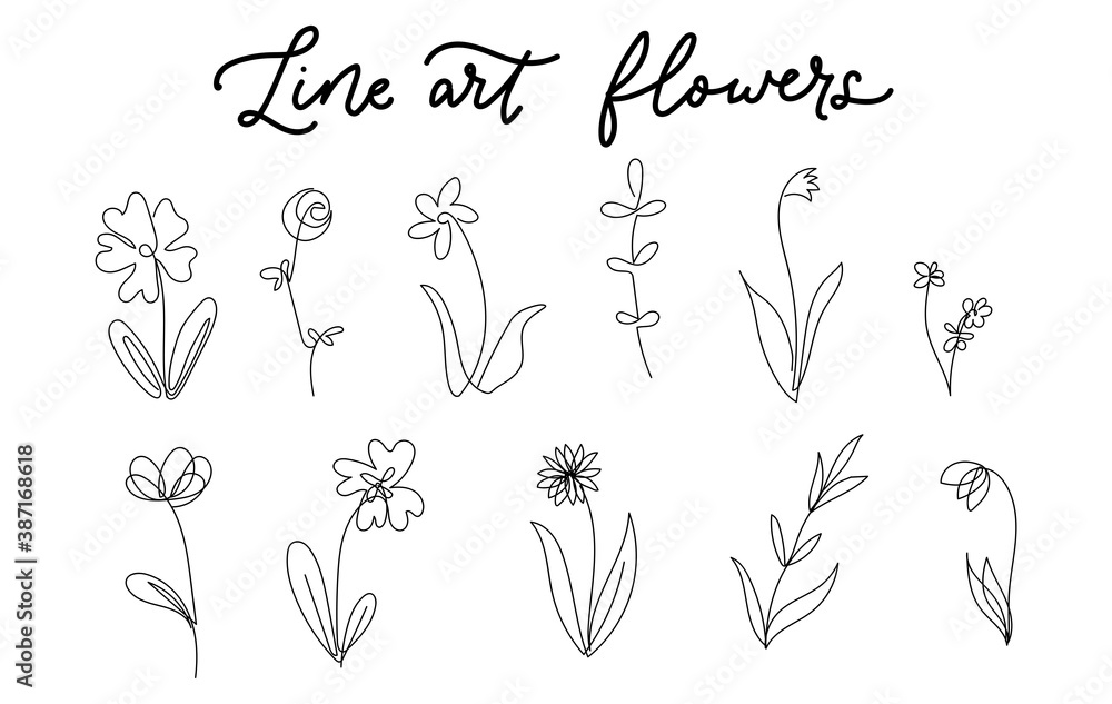 One line art flowers set isolated on white background. Trendy ...